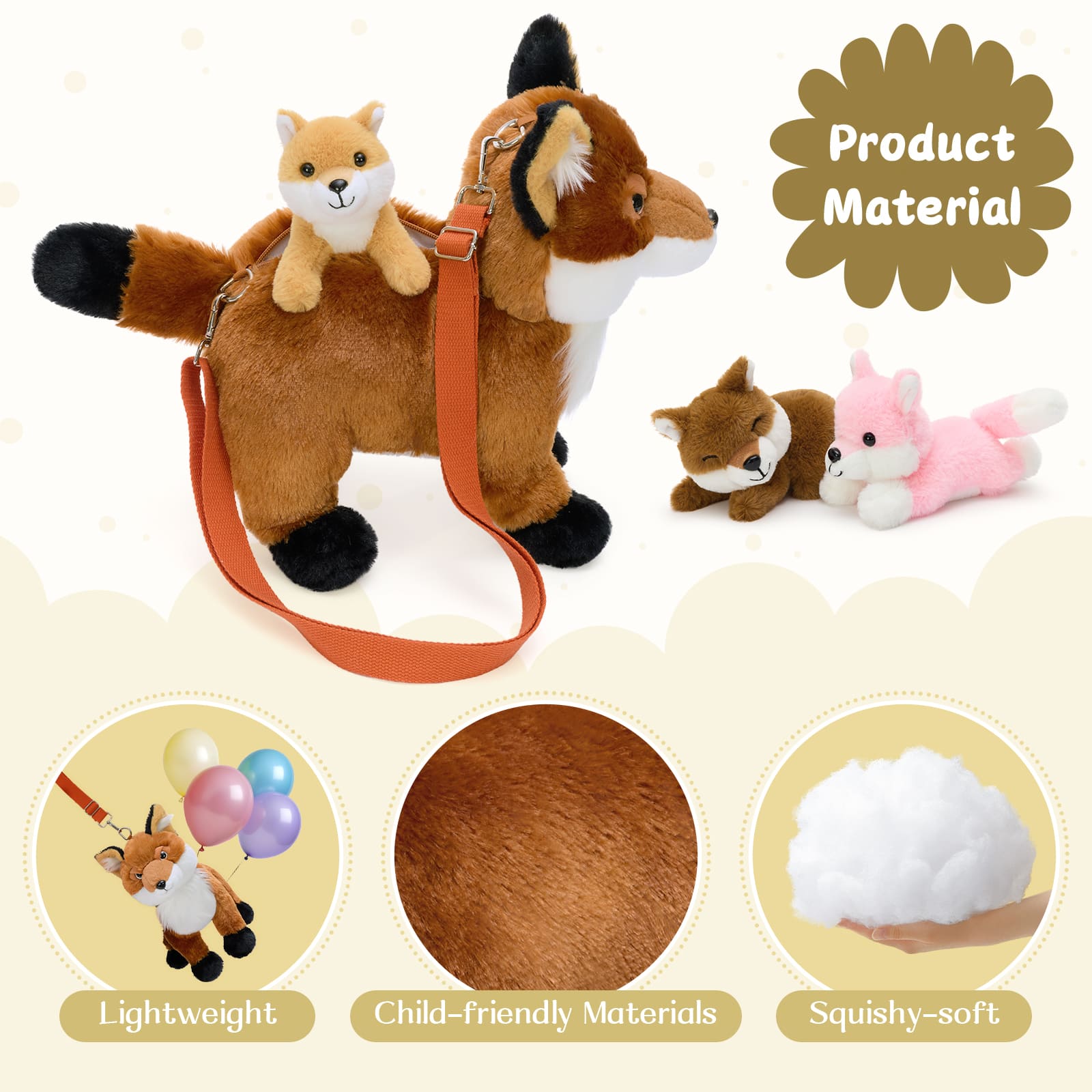 Fox Plush Crossbody Bag with Three Mini Fox Plushies Inside