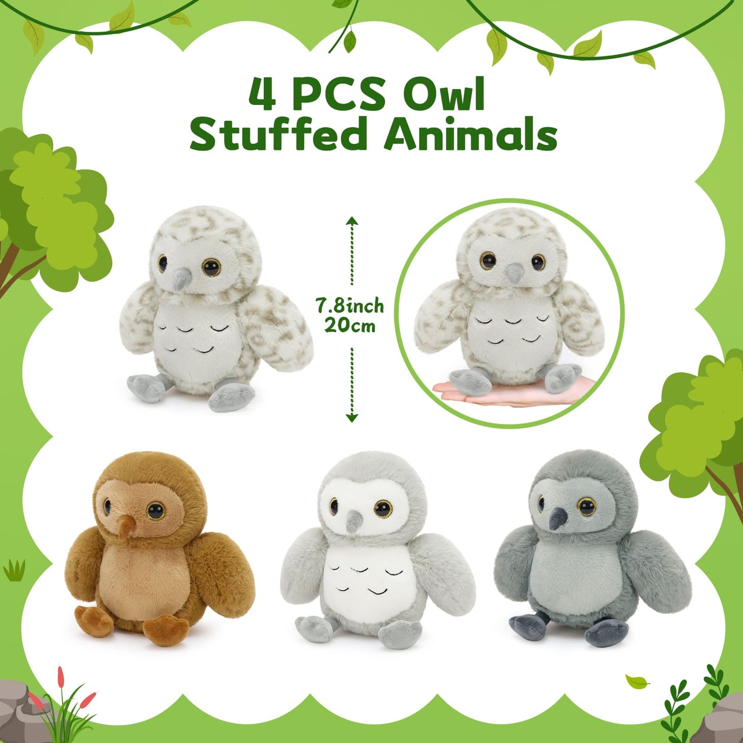 Soft owl plush toy set in multiple colors, featuring a round, cuddly ...